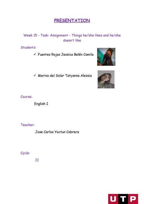 WEEK Week Task Assignment Things He She Likes And He She Doesnt Like