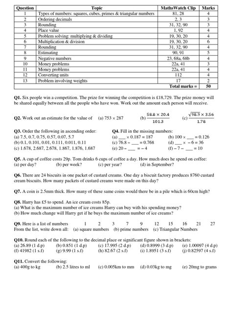 Y7 Test 1 Revision Topic List Numbers Pdf Mathematics Arithmetic