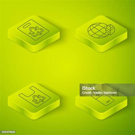 아이소메트릭 어스 글로브와 잎 재활용이 있는 비닐 봉지 배터리 및 종이 봉투에 재활용 아이콘을 설정합니다 벡터 3차원 형태에 대한 스톡 벡터 아트 및 기타 이미지 Istock