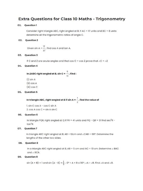 Extra Questions For Class 10 Maths Trigonometry Pdf