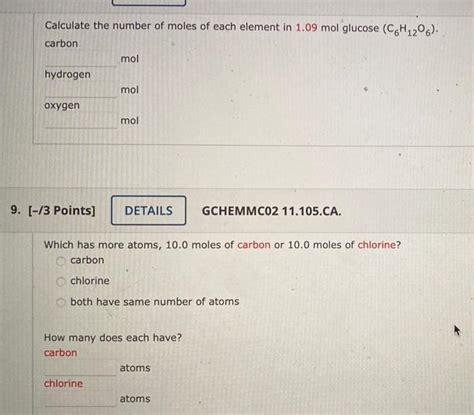 Solved Calculate The Number Of Moles Of Each Element In 1 09 Chegg Com