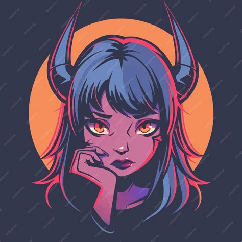 Premium Vector Vector Anime Demon Girl With Horns And Hand On Chin Thinking About Something