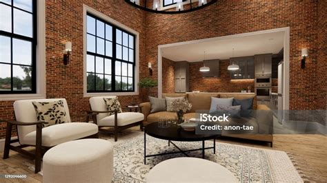 3d 렌더링 주방이 있는 현대적인 개방형 거실 공간 현대적인 로프트 스타일의 듀플렉스 아파트 레지던스 홈 장식 인테리어 디자인 0명에 대한 스톡 사진 및 기타 이미지