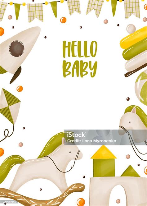 안녕 아기 성 중립 카드 인사말 배너 흔들 목마 로켓 키트 깃발 블록 성이있는 신생아를위한 포스터 신생아를 위한 손으로 그린 인사말 카드 소년 또는 소녀 0명에 대한 스톡
