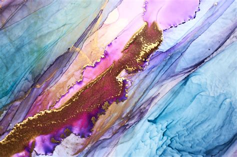 알코올 잉크 기술의 고급 다채로운 추상적 배경 황금 액체 페인팅 대리석 질감 흩어져 아크릴 방울과 소용돌이 얼룩 인쇄 재료 0