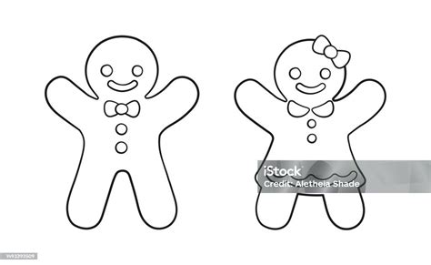남자의 휴일 진저브레드 드레스를 입은 웃는 소녀 활과 단추 윤곽 벡터 삽화를 가진 소년 아이들을 위한 색칠하기 책 페이지 활동 진저브레드 비스킷에 대한 스톡 벡터 아트 및