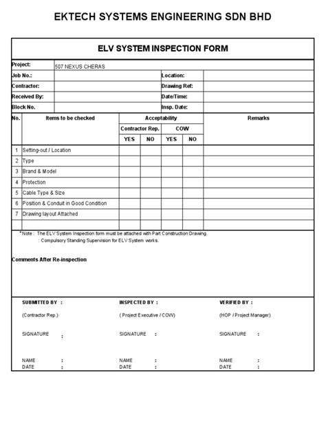 Ese Elv System Inspection Form Pdf