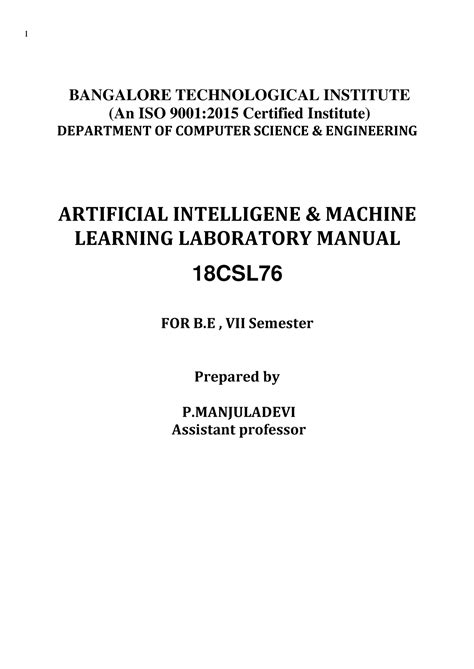 Ai Ml Lab Manual 2021 2022 1 Bangalore Technological Institute An Iso 90012015 Certified