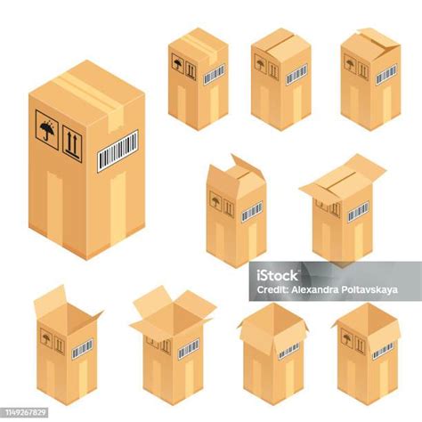 아이소메트릭 골 판지 상자 세트입니다 패키지 프로세스 벡터 일러스트 레이 션 흰색 배경에 고립입니다 대형에 대한 스톡 벡터 아트 및 기타 이미지 Istock