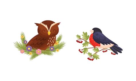 Premium Vector Perching Bird Sitting On Floral Twig And Nest With