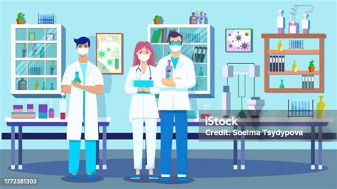 실험실 조교 과학자 젊은 의사들은 실험실 과학 실험실의 내부에서 연구를 수행하고 있습니다 백신 개발 벡터 평면 일러스트 프레젠테이션 또는 웹 사이트의 배경 가구에 대한 스톡