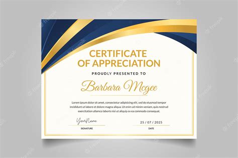 감사 수상 B에 대한 선 테두리가있는 고급스러운 파란색과 황금색 인증서 템플릿 디자인 프리미엄 벡터