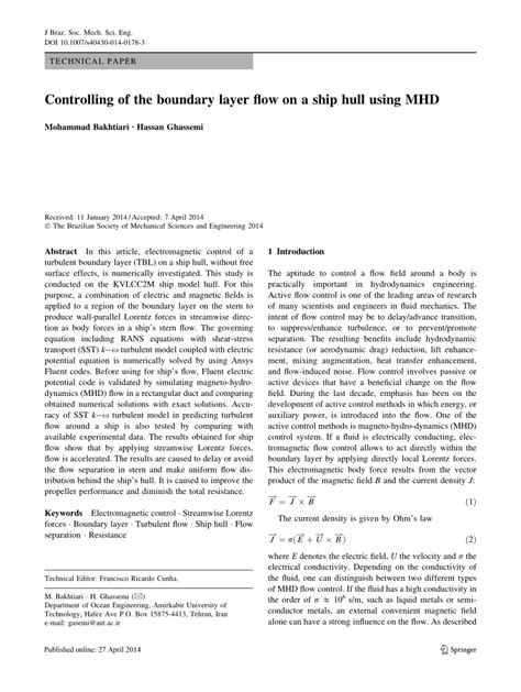 Pdf Controlling Of The Boundary Layer Flow On A Ship Hull Using Mhd
