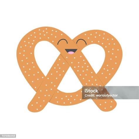 부드러운 꽈 배기 아이콘입니다 달콤한 소금 빵집 과자 귀여운 만화 얼굴 눈과 문자를 웃는 패스트 푸드 간식 격리 흰색 배경입니다 평면 디자인입니다 갈색에 대한 스톡 벡터