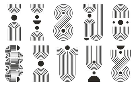 기하학적 추상적인 모양 선 아치와 원 현대 멘피스 디자인 그림 평평한 터 일러스트레이션 세트 현대 바우하우스 줄무 모양 프리미엄 벡터