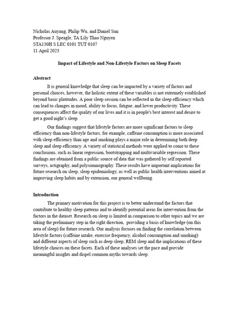 Sleep Data Analysis Project Pdf Regression Analysis Dependent And Independent Variables