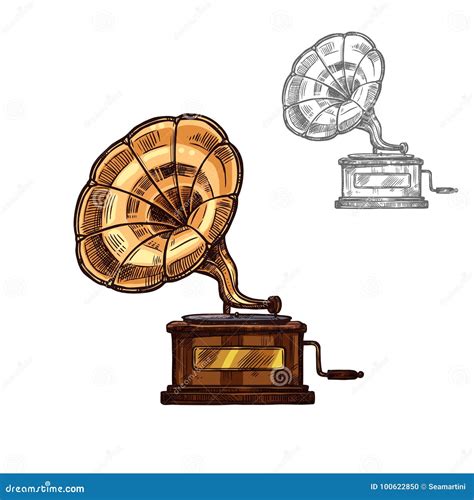 Vector Sketch Gramophone Retro Music Player Stock Vector Illustration