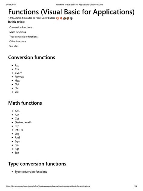 Functions Visual Basic For Applications Microsoft Docs Pdf