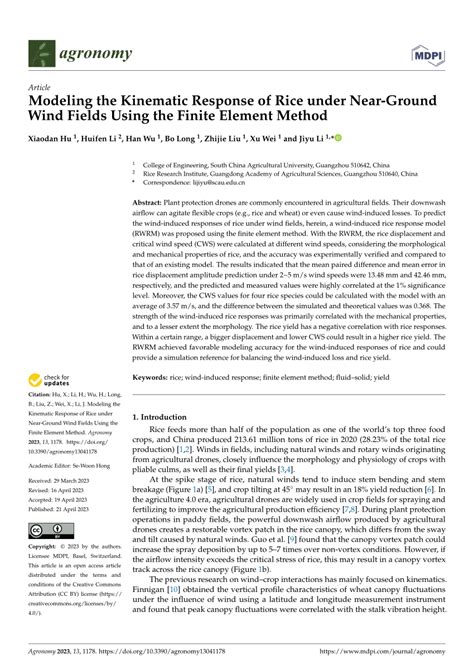 Pdf Modeling The Kinematic Response Of Rice Under Near Ground Wind Fields Using The Finite