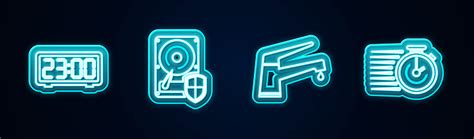 디지털 알람 시계 하드 디스크 드라이브 Hdd 보호 수도꼭지 및 스톱워치를 설정합니다 빛나는 네온 아이콘입니다 벡터 단일 객체에 대한 스톡 벡터 아트 및 기타 이미지