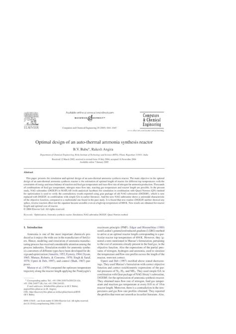 pdf optimal design of an auto thermal ammonia synthesis reactor