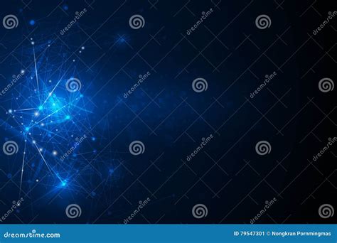 Abstract Futuristic Molecules Technology With Linear And Polygonal Pattern Shapes On Dark Blue
