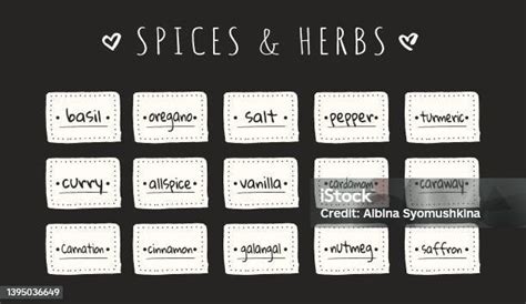 흑백 향신료와 허브 스티커 또는 주방 항아리 용기 패키지 등을 라벨링하기위한 식품 라벨 직사각형 프레임의 컬렉션 벡터 일러스트 레이 션 가정 주방에 대한 스톡 벡터 아트 및