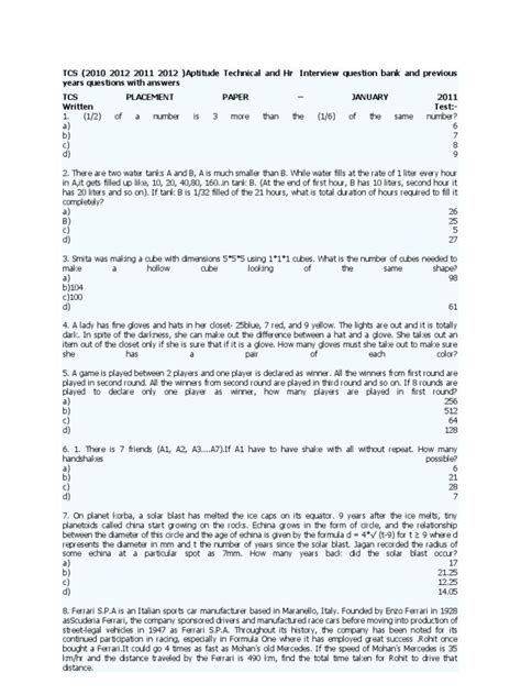 tcs 2010 2012 2011 2012 aptitude technical and hr interview question
