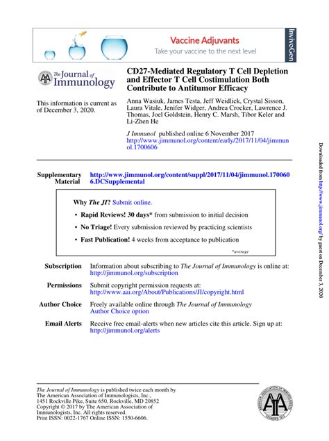 Pdf Cd27 Mediated Regulatory T Cell Depletion And Effector T Cell Costimulation Both