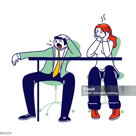 미루는 과로 소진 증상 개념 직장이나 지루한 회의에서 낮은 에너지 하품과 게으른 지루하거나 피곤 비즈니스 남자와 여자 문자 선형 사람 벡터 일러스트레이션 0에 대한 스톡