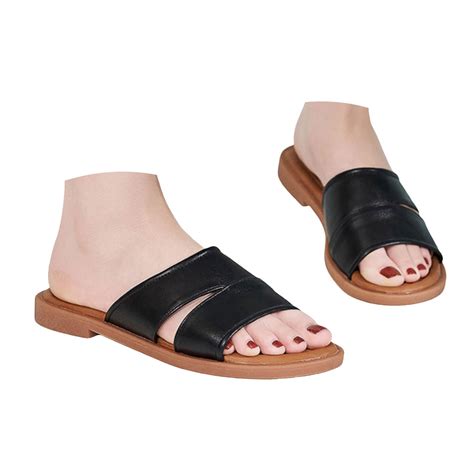 Dakaela Womens Dressy Flat Sandals Comfortable Slip On Leather Slides Open Toe Summer Walking