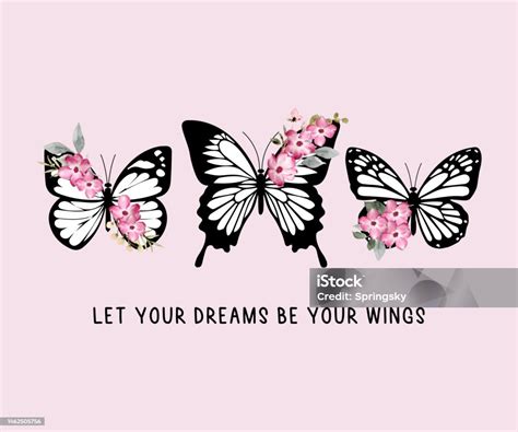 장식 슬로건과 꽃 날개가 있는 나비 패션 카드 포스터 및 스티커 디자인을 위한 벡터 그림 나비에 대한 스톡 벡터 아트 및 기타