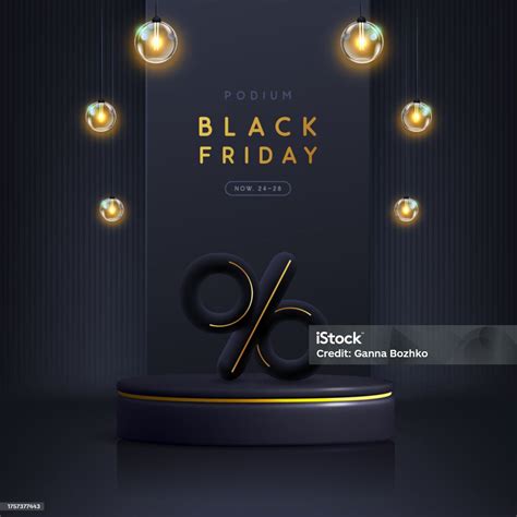 블랙 프라이데이 빅 세일 쇼케이스 배경 3d 연단과 Electirc 램프 벡터 일러스트 레이 션 퍼센트 기호에 대한 스톡 벡터