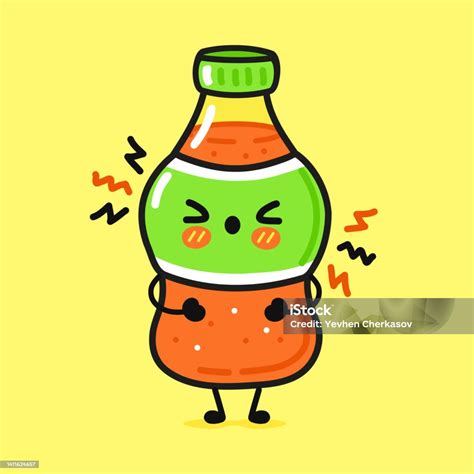 귀여운 화난 병 차가운 음료 캐릭터 벡터 손으로 그린 만화 카와이 캐릭터 일러스트 레이 션 아이콘 노란색 배경에 고립되어 있습니다 슬픈 병 차가운 음료 캐릭터 개념 0명에