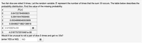 Solved 2 0 Two Fair Dice Are Rolled 5 Times Let The Random