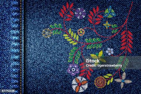 자 수 화려한 트렌드 꽃 부케와 소녀 데님 텍스처 파란색 배경에 색 꽃 준비와 현대 전통 민속 복장 디자인 패치 청바지 드레스를 바느질 벡터입니다 관목에 대한 스톡 벡터