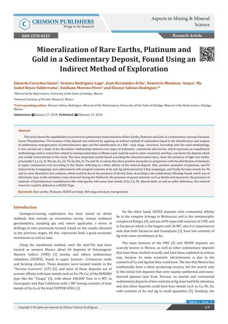 Mineralization Of Rare Earths Platinum And Gold In A Sedimentary