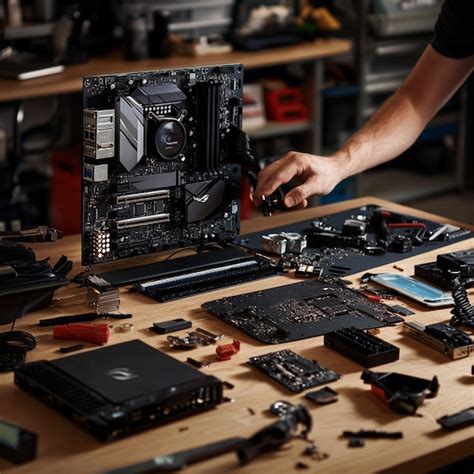 A Technician Assembling A Custombuilt Pc With Components Laid Out On A A Technician Assembling A Custombuilt Pc With Components Laid Out On A