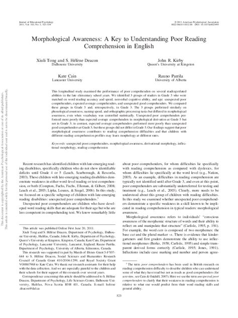 Pdf Morphological Awareness A Key To Understanding Poor Reading Comprehension In English