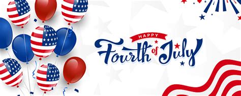 7월 4일 해피 데이 미국 독립기념일 트렌디한 커스텀 핸드 레터링 레드 블루 아메리칸 풍선 그룹에 리본이 달린 타이포그래피 디자인 스타버스트와 색종이를 배경으로 0명에 대한
