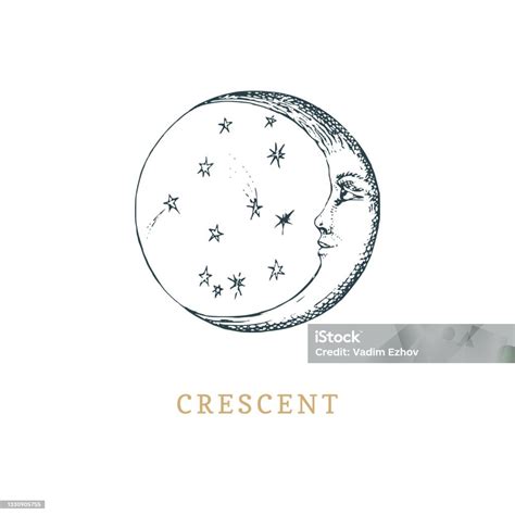 초승달 손으로 조각 스타일로 그려집니다 벡터 그래픽 복고풍 그림 비과및 신비 기호의 빈티지 파스티치 Freemasons에 대한 스톡 벡터 아트 및 기타 이미지 Istock