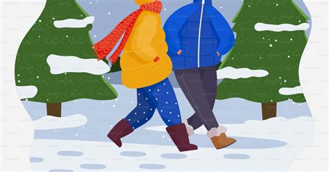 겨울 따뜻한 옷 재킷과 모자를 쓴 행복한 소녀와 남자 눈 덮인 전나무 사이 숲속을 걷는 젊은 성인들 야외 활동 사랑에 빠진 행복한 미소 벡터 Unsplash의