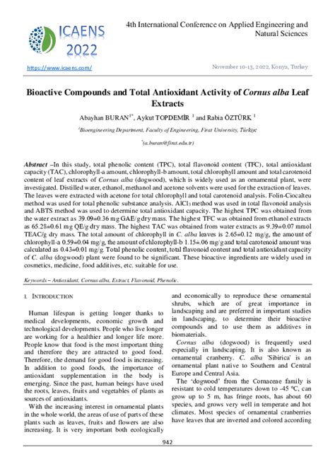 Pdf Bioactive Compounds And Total Antioxidant Activity Of Cornus Alba Leaf Extracts