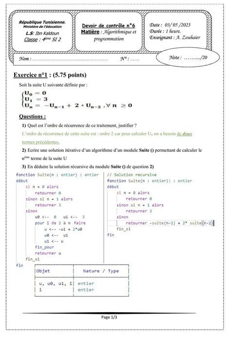 Bac Sc De Linformatique Algorithme Et Programmation Correction De Voir De Controle N°6 Algorithme