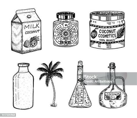 코코넛과 야자 잎 우유 포장 유리 병 버터 화장품 크림 항아리 빈티지 스타일 열대 음식 그림 갈색에 대한 스톡 벡터 아트 및 기타 이미지 Istock