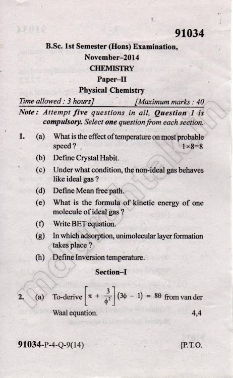 Physical Chemistry Question Paper Bsc Hons Chemistry 1st