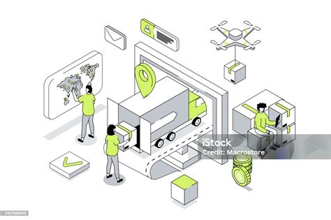 웹용 아웃라인 아이소메트리 디자인의 전 세계 배송 3d 아이소메트릭 개념 트럭 운송으로 글로벌 물류 회사를 이용하고화물 운송으로 소포를 받는 사람들 벡터 일러스트 레이