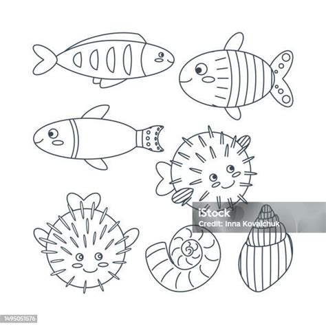 물고기 복어 평평한 만화 스타일의 조개껍데기의 해양 요소 세트 라인 아트 그래픽 프린트에 대한 스톡 벡터 아트 및 기타 이미지 그래픽 프린트 껍데기 낙서 드로잉