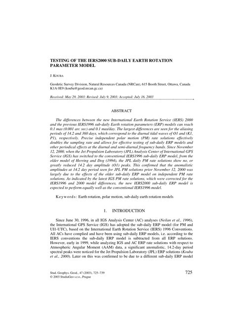 Pdf Testing Of The Iers2000 Sub Daily Earth Rotation Parameter Model