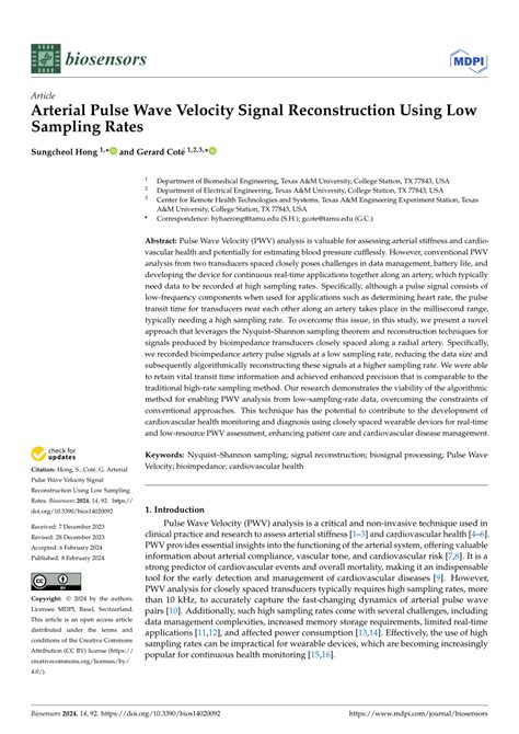 Pdf Arterial Pulse Wave Velocity Signal Reconstruction Using Low
